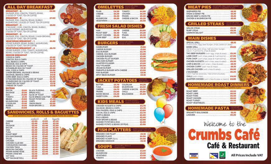 Menu at Crumbs Cafe, Beck Row