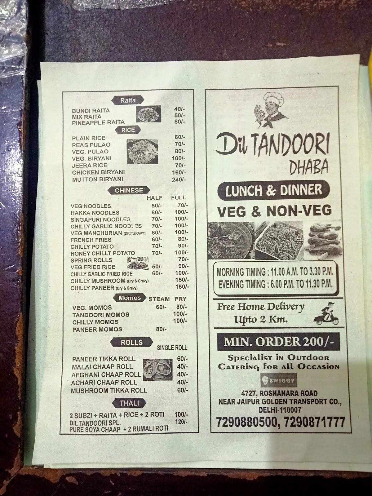 Menu at Dil Tandoori, New Delhi