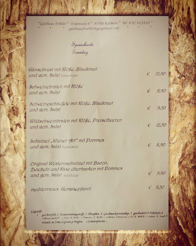 Menu at Gasthaus Fröhler restaurant, Kulmain