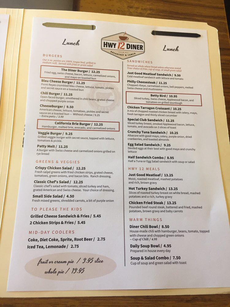 Menu at Hwy 12 Diner cafe, Rio Vista
