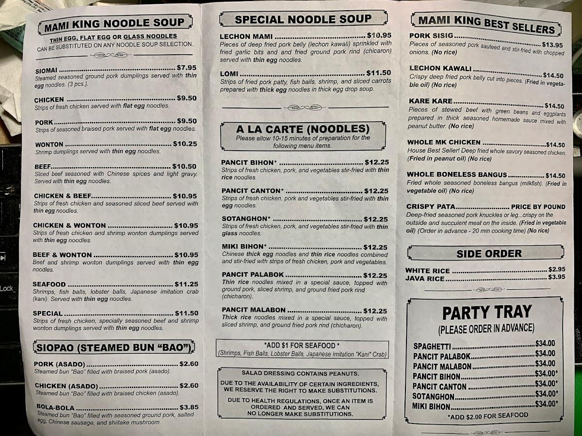 Menu at Mami King Restaurant, Los Angeles, Roscoe Blvd UNIT 1