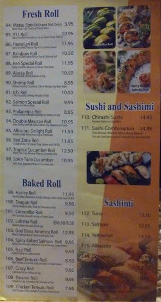Menu at Matsu Sushi restaurant, Castaic