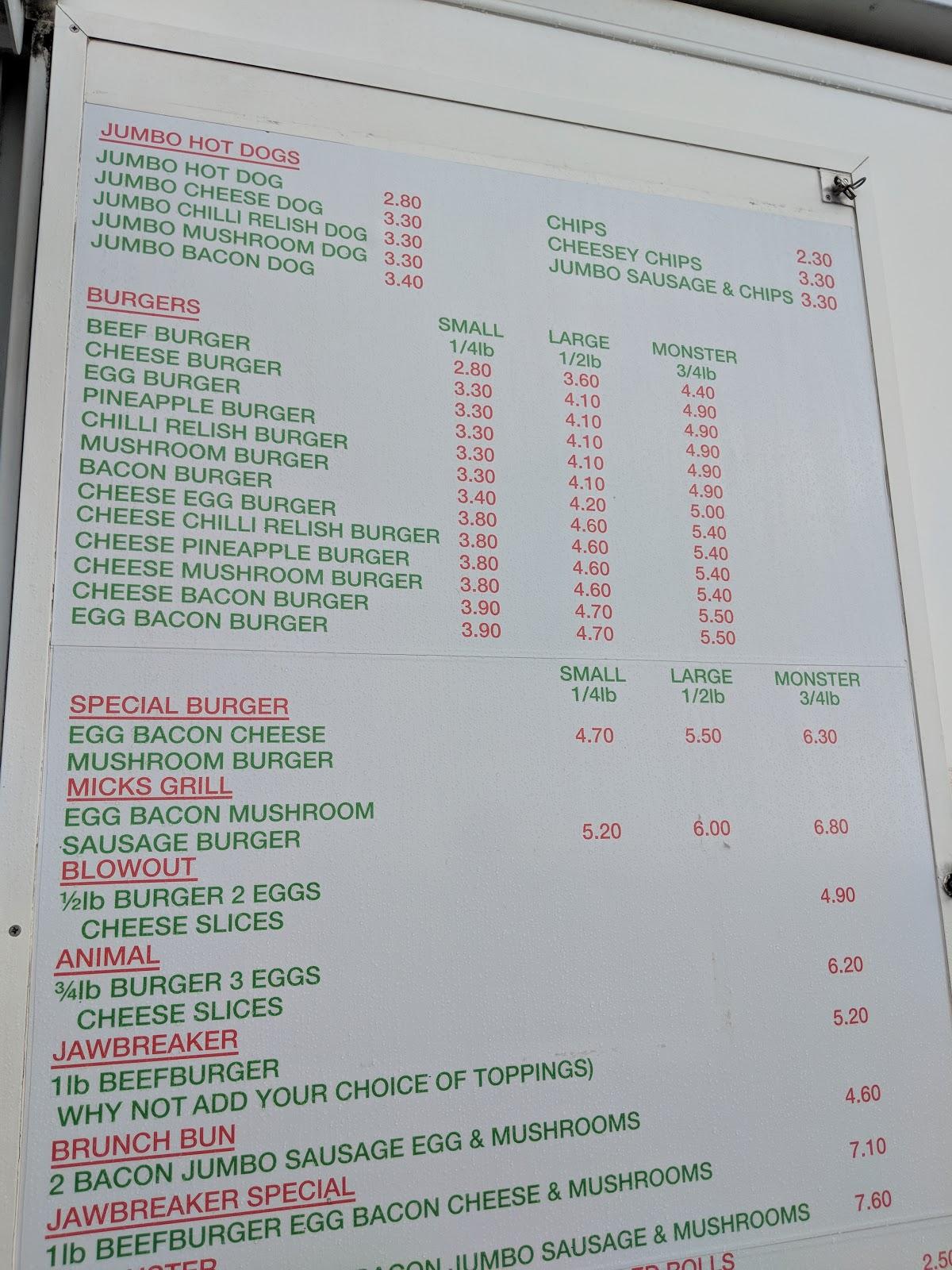 Menu at Mick's Monster Burgers fast food, Portsmouth