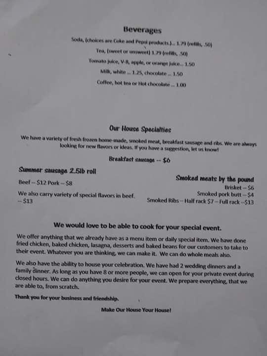 Menu at Our House Cafe, Calico Rock