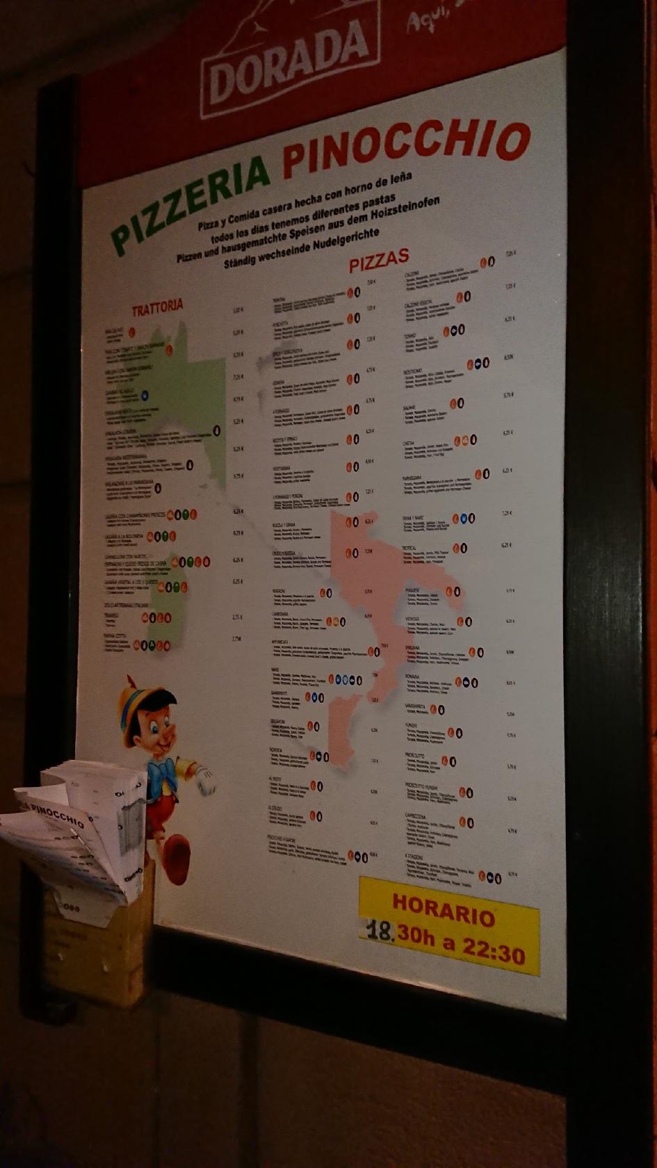 Menu at Pizzería Pinocchio, Valle Gran Rey