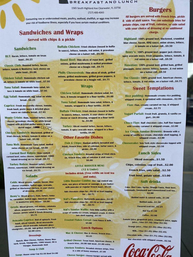 Menu at Remy's Cafe, Clearwater
