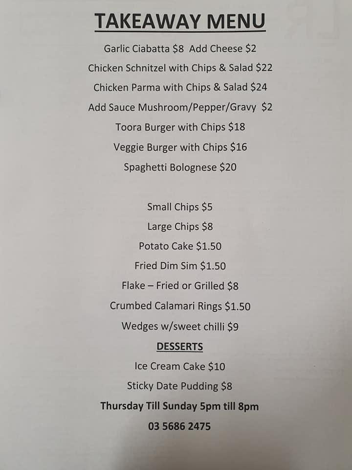 Menu at Royal Standard Hotel pub & bar, Toora