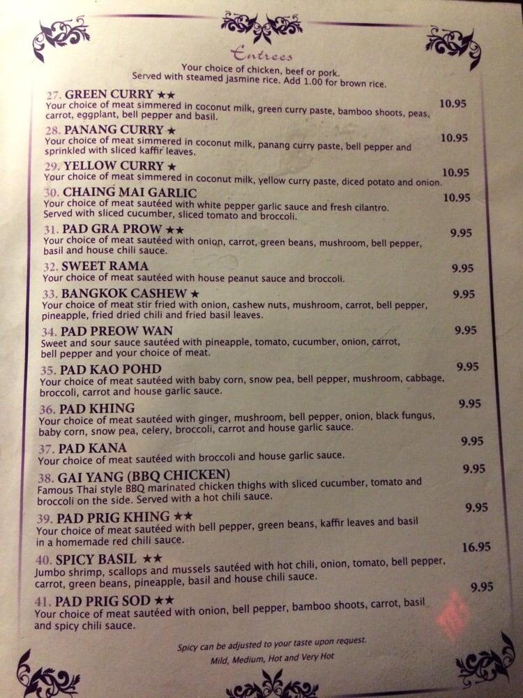 Menu at Bangkok Royal restaurant, Waco