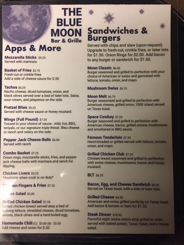 Menu at Blue Moon Bar & Grille, Indianapolis