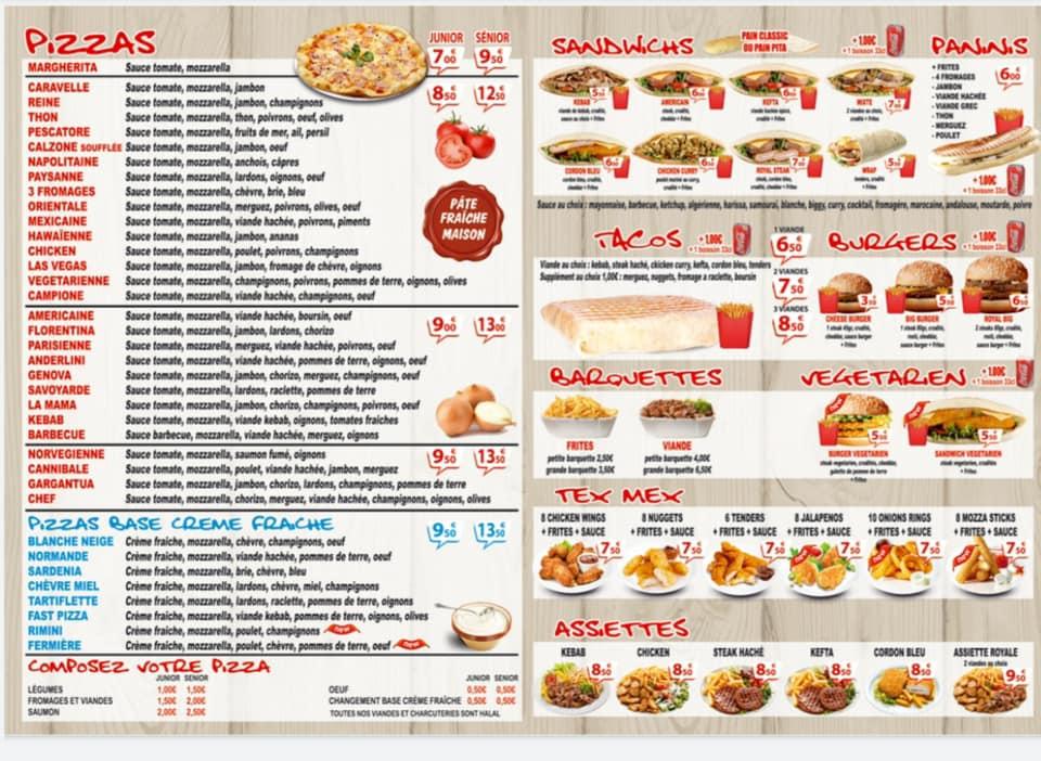 Menu au Fast Pizza restaurant, Voves