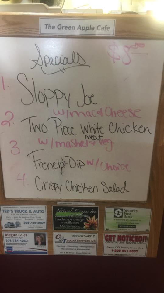 Menu at Green Apple cafe, Cozad