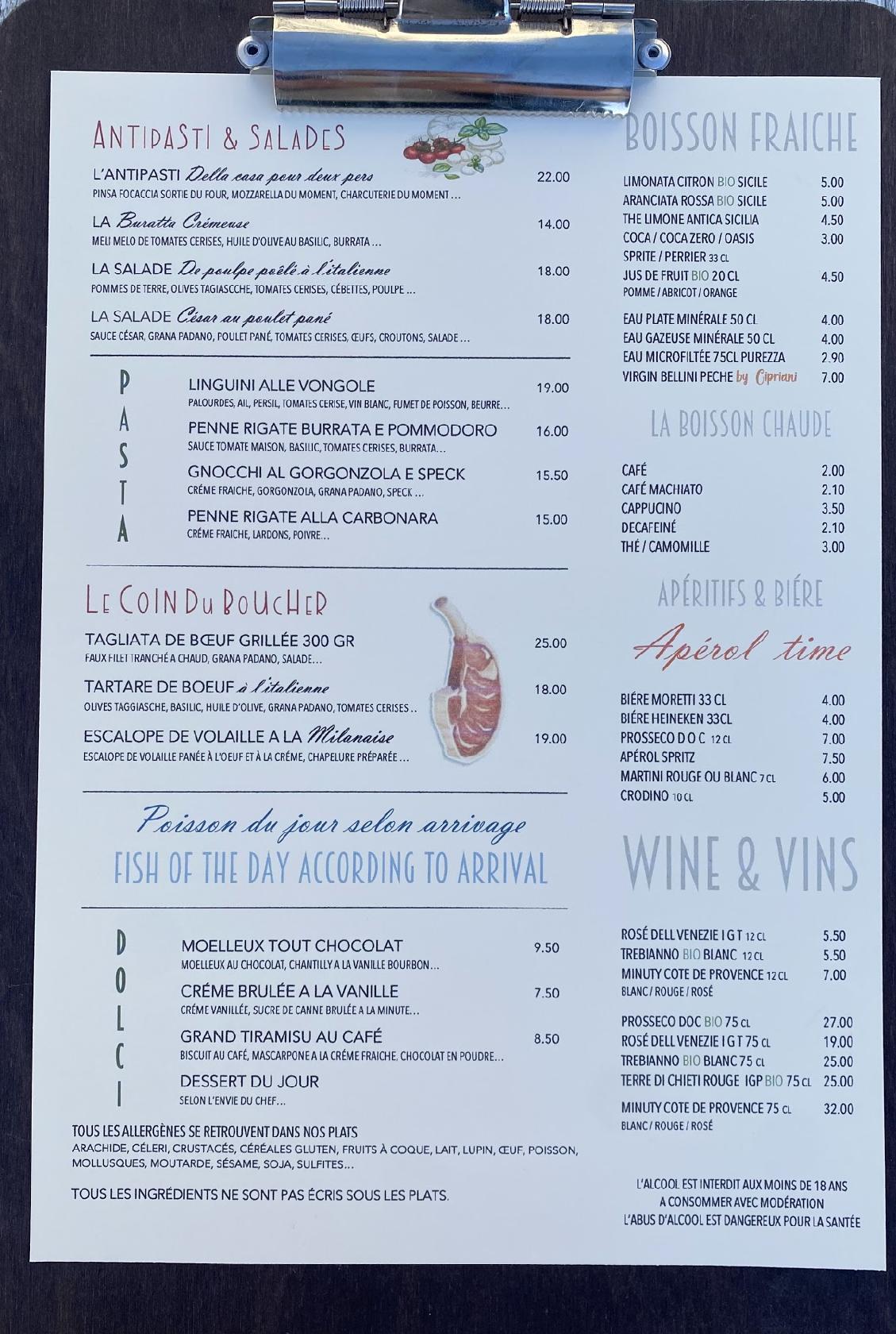 Menu at Maria Grazia restaurant, Menton