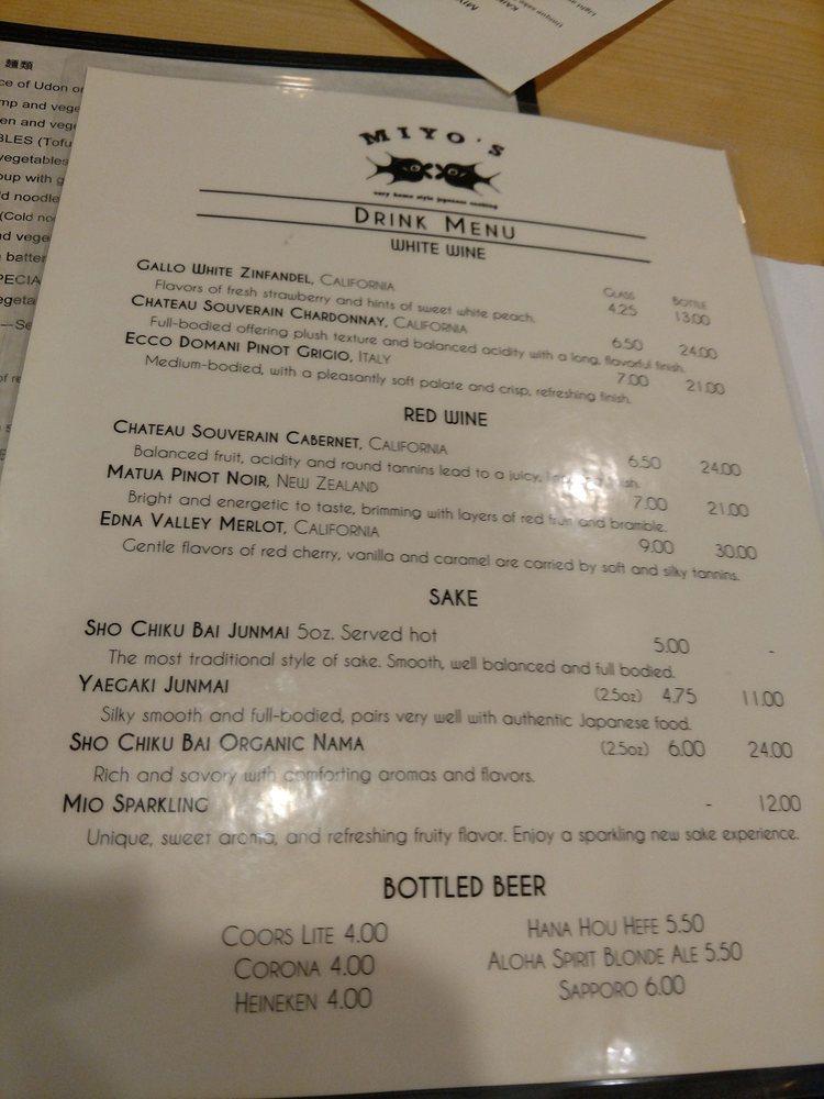 Menu at Miyo's Restaurant, Hilo, 564 Hinano St