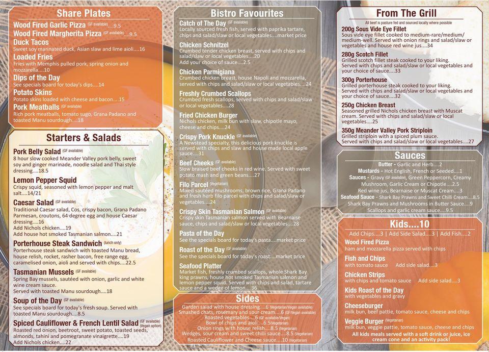Menu at Newstead Hotel restaurant, Launceston