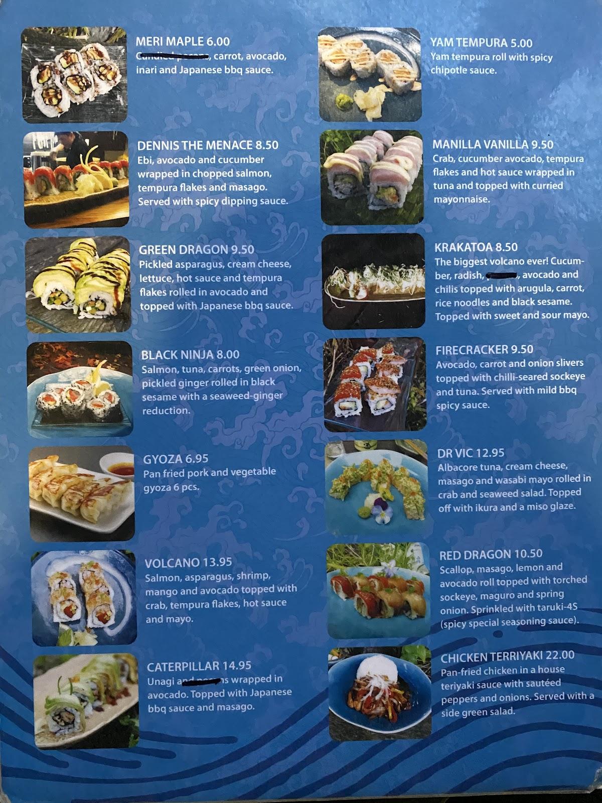 Menu at Opa Sushi restaurant, Prince Rupert