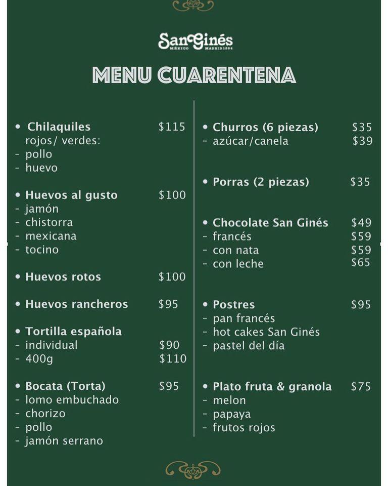 Menu at San Ginés cafe, Ciudad López Mateos
