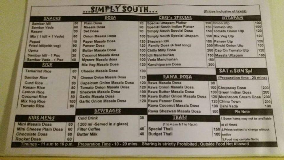 Menu at Simply South, Greater Noida, Shop No.1