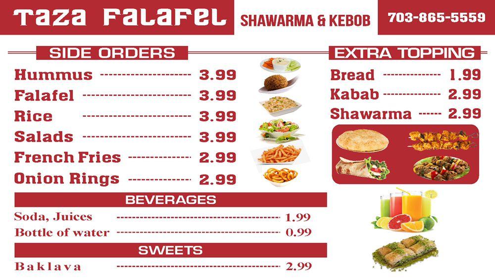 Menu at Taza Falafel restaurant, Fairfax