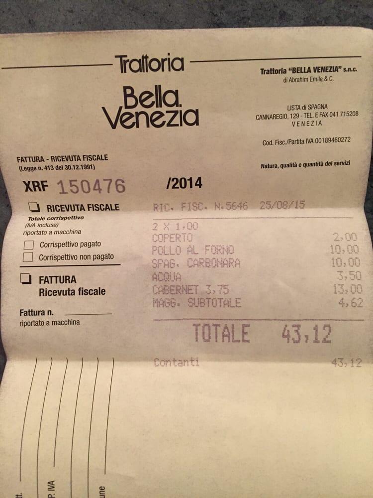 Menu da Trattoria Bella Venezia ristorante, Venezia