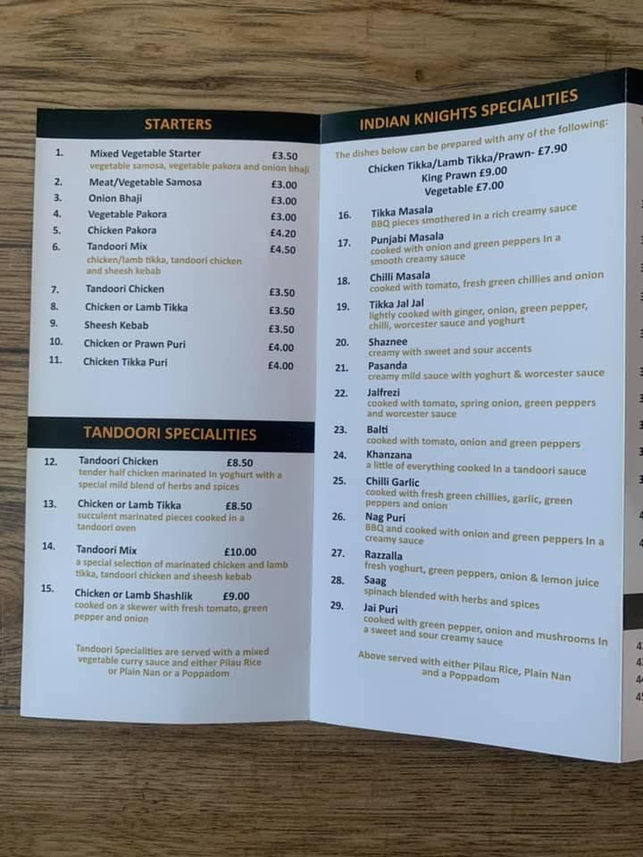 Menu at Indian Knights restaurant, Belfast, 158 Cavehill Rd