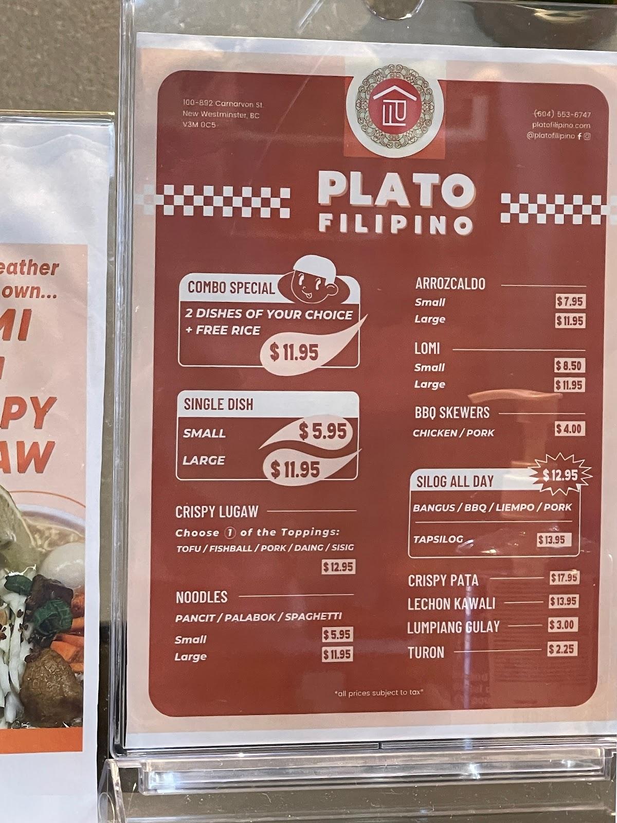 Menu at PLATO FILIPINO restaurant, New Westminster