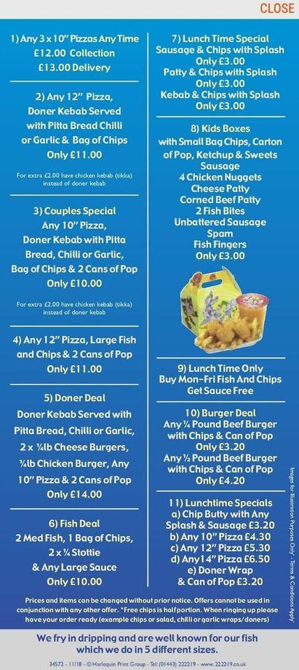 Menu at Ritz Fish & Chips pizzeria, Washington