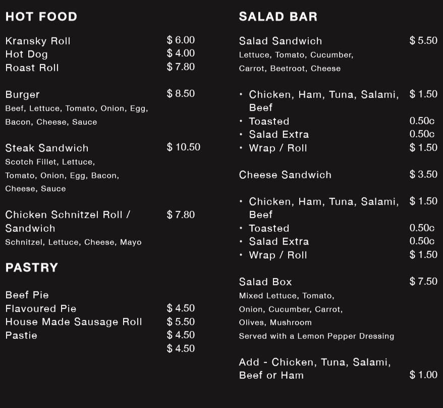 Menu at Road Runner Food & Coffee restaurant, Moolap