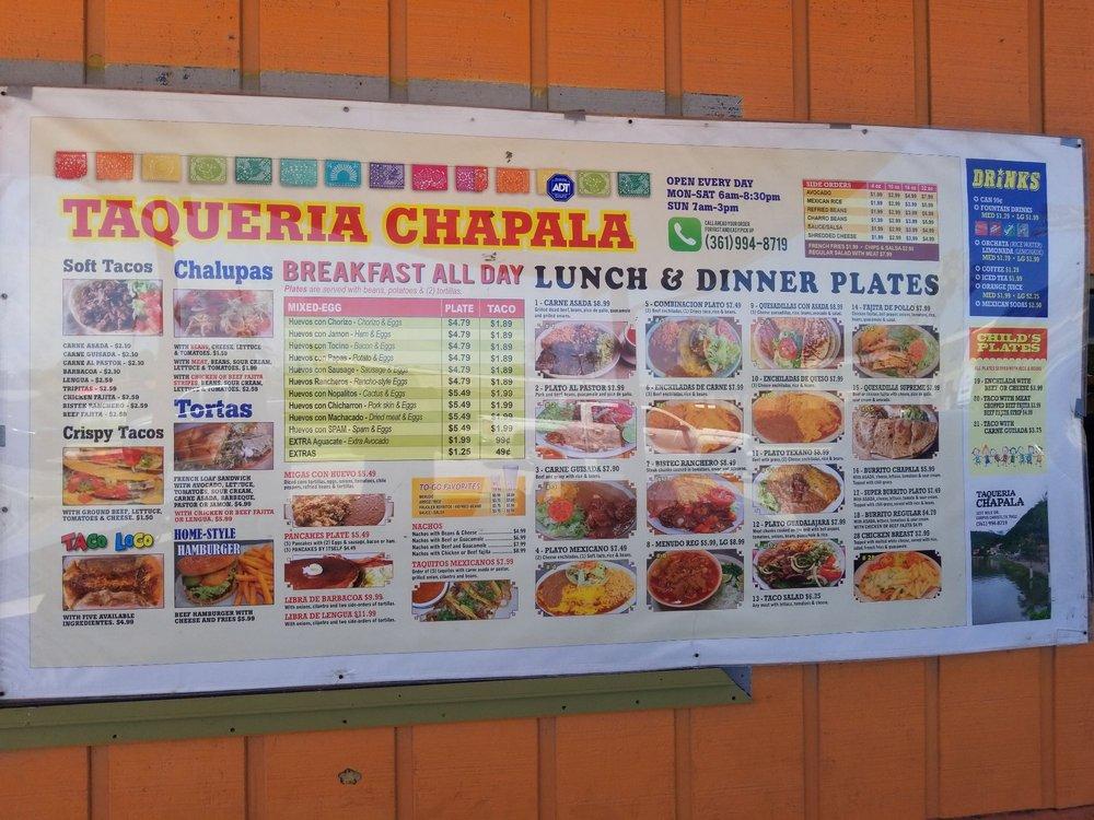 Menu at Taqueria Chapala restaurant, Corpus Christi, Nile Dr