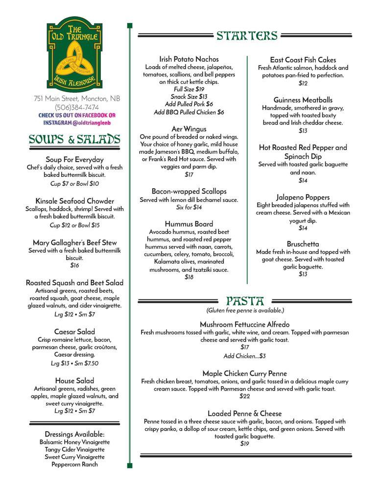 Menu at The Old Triangle Irish Alehouse pub & bar, Moncton