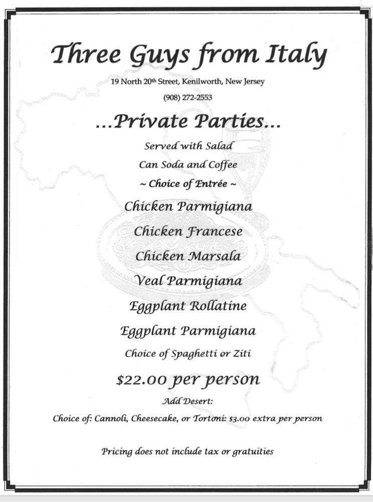 Menu at Three Guys From Italy pizzeria, Kenilworth