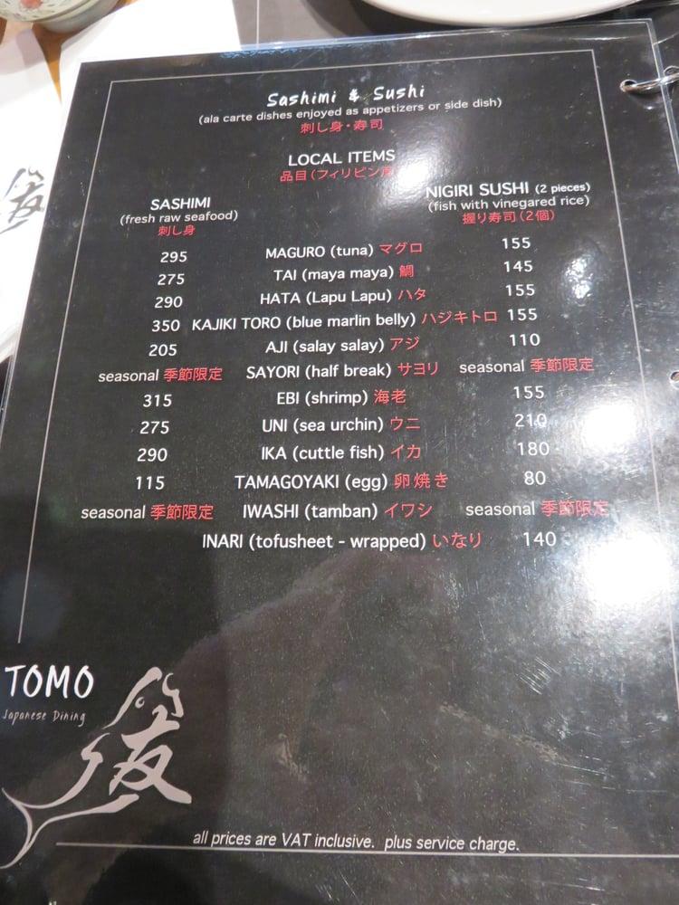 Menu at Tomo Japanese Dining restaurant, San Juan