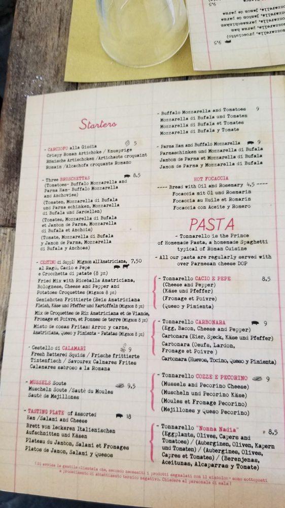 Menu at Tonnarello pub & bar, Rome, Via della Paglia