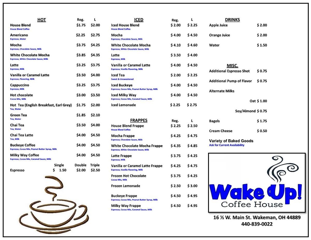 Menu at Wake Up Coffee House, Wakeman