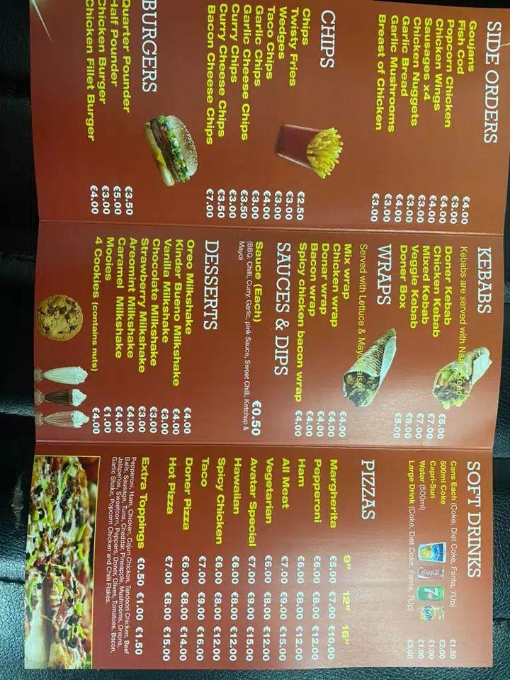 Menu at Avatar pizza & kebab pizzeria, Limerick