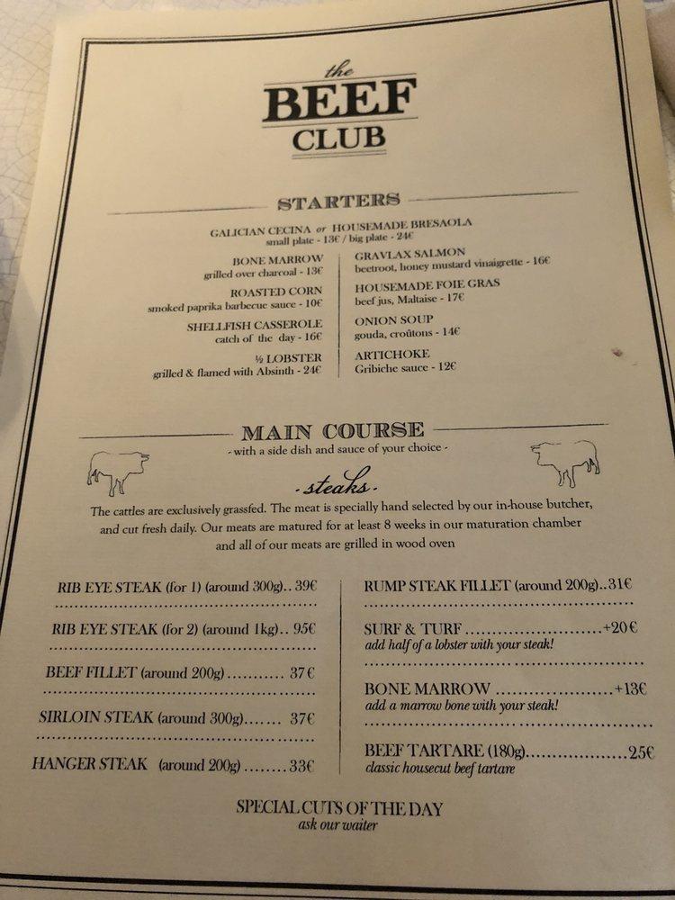 Menu at Beef Club, Paris