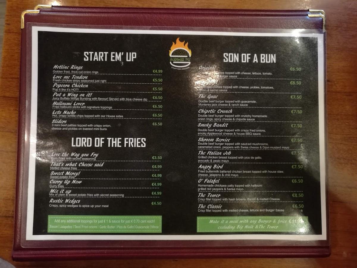 Menu at Burger Pit Coolmine restaurant, Dublin