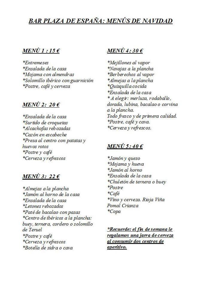Menu at Café Bar España, Lorca