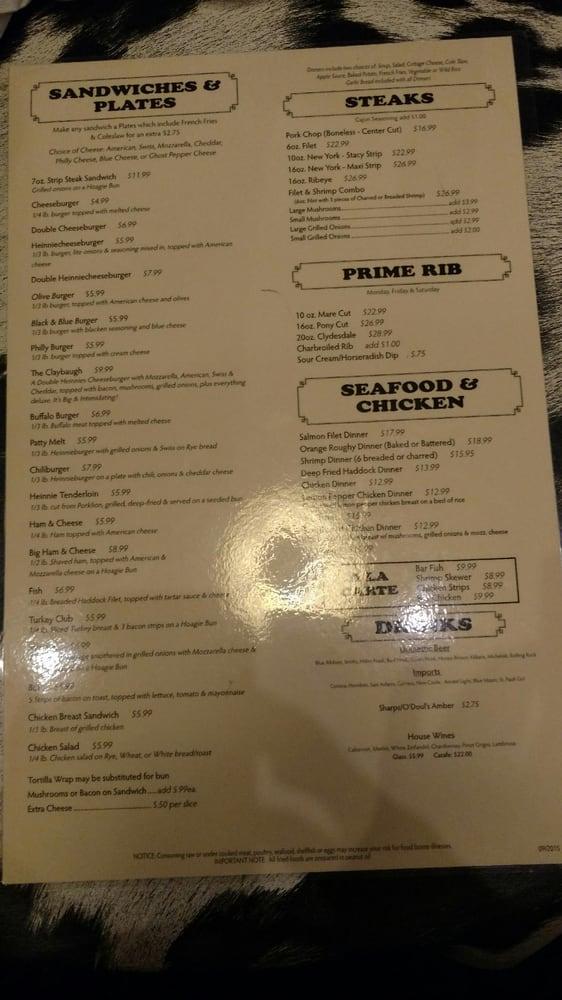 Menu at Heinnies steakhouse, Elkhart