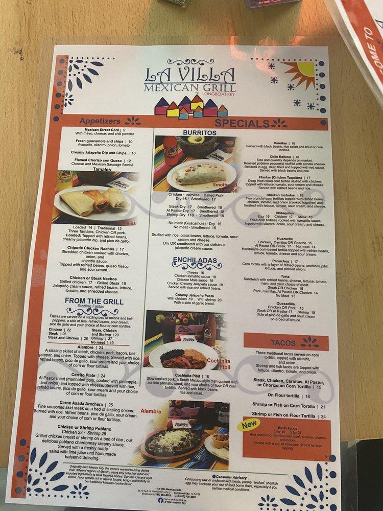 Menu at La Villa Mexican Grill Longboat Key restaurant, Longboat Key