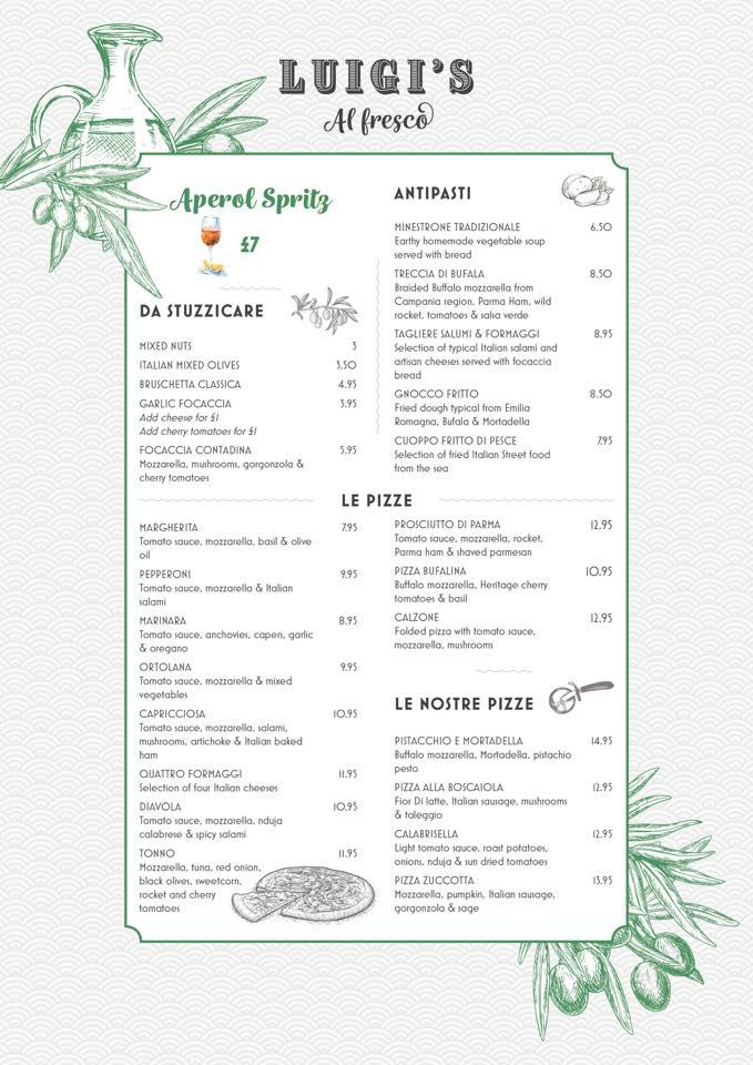 Menu at Luigis al Fresco restaurant, Maldon