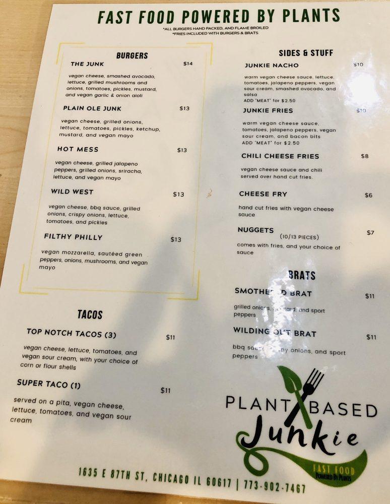Menu at Plant Based Junkie restaurant, Chicago