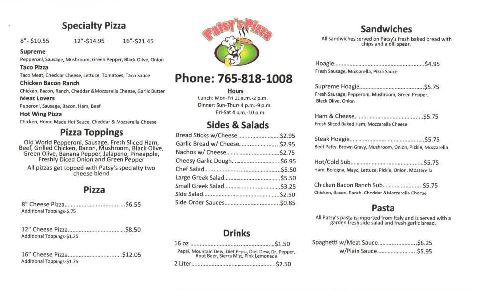Menu at Patsy's Pizza pizzeria, Morristown