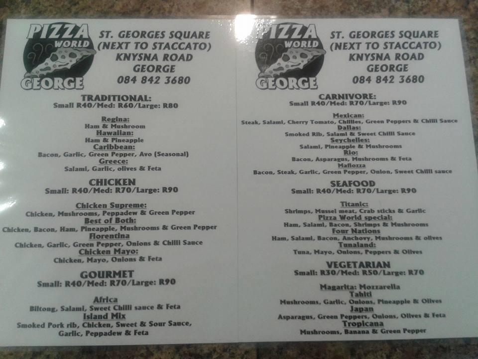 Menu at Pizza World george George pizzeria, George
