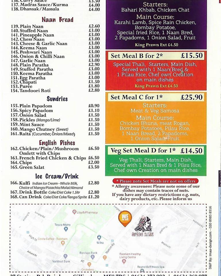 Menu at Spice Rain restaurant, Rainham
