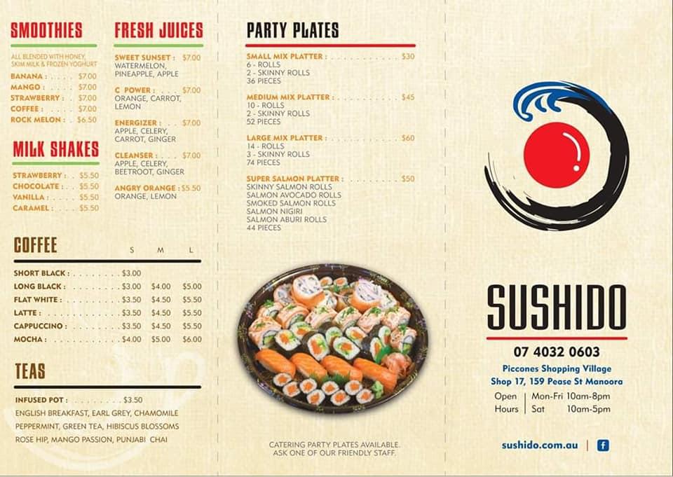 Menu at Sushido Japanese Kitchen/Cafe, Manoora