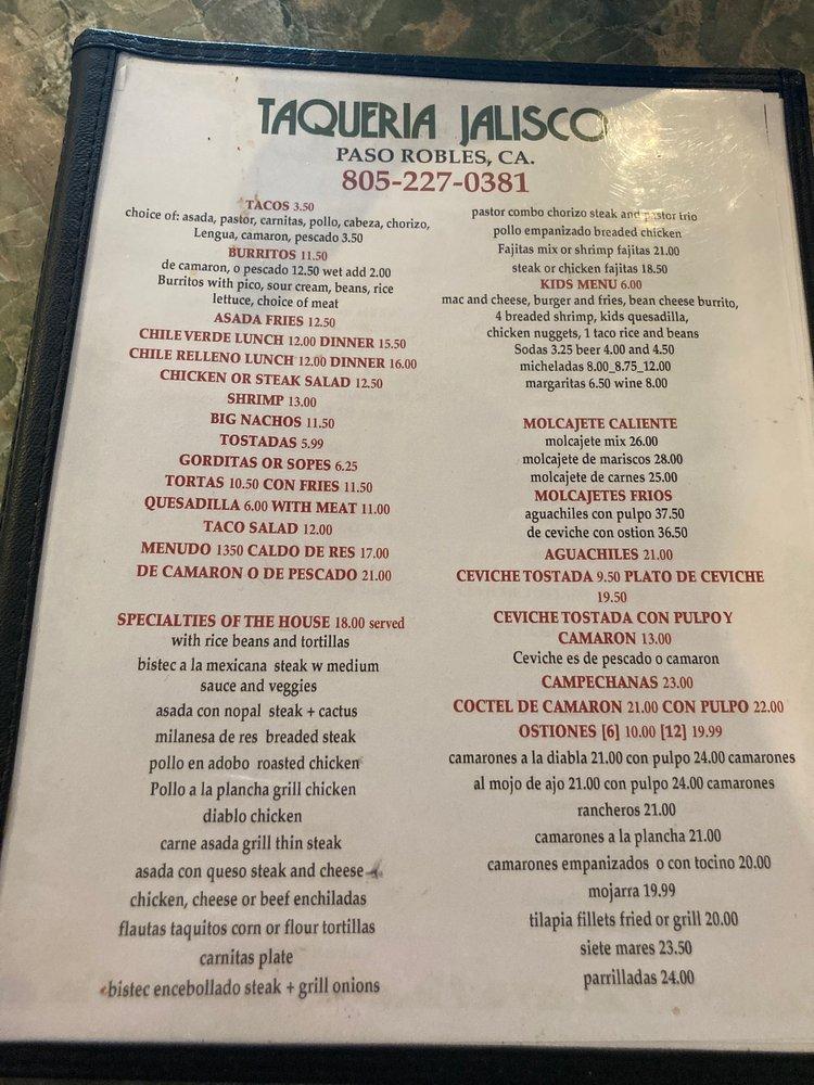 Menu at Taqueria Jalisco restaurant, Paso Robles, Creston Rd