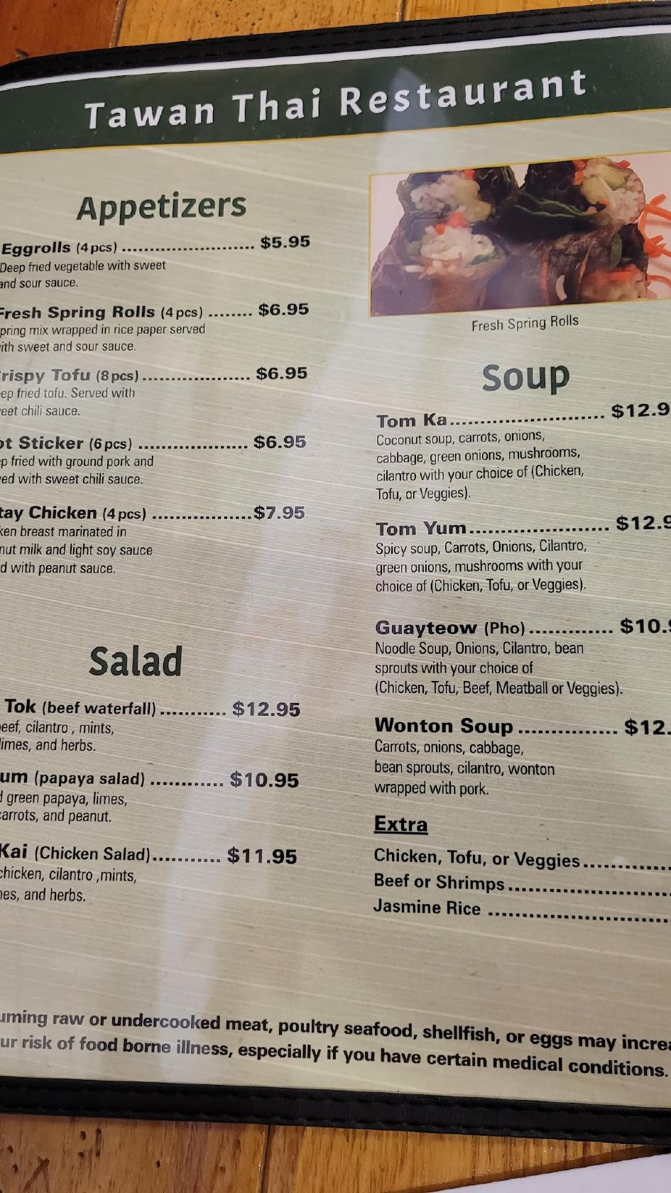 Menu at Tawan Thai Restaurant, Orem