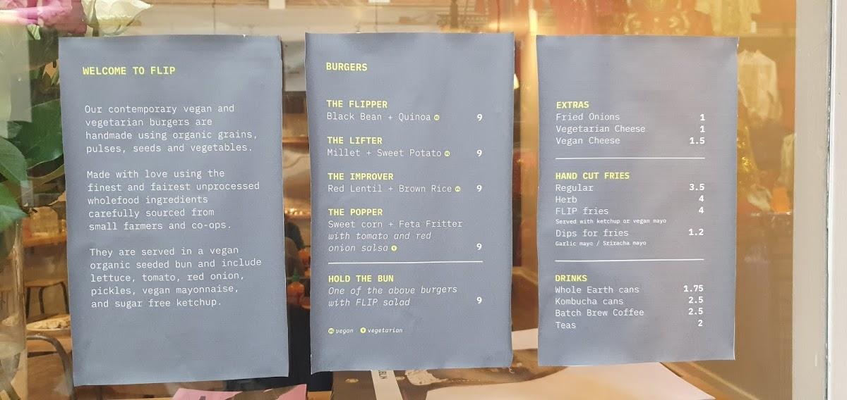 Menu at FLIP restaurant, Dublin