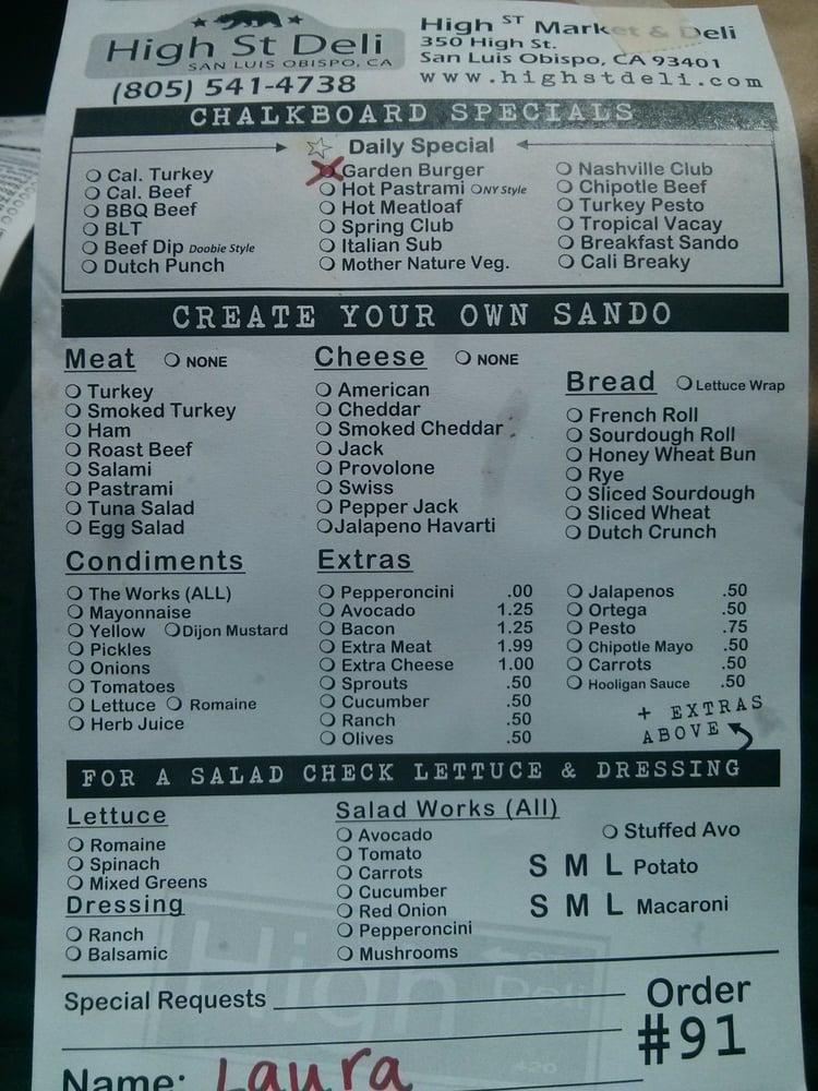 Menu at High Street Market & Deli restaurant, San Luis Obispo