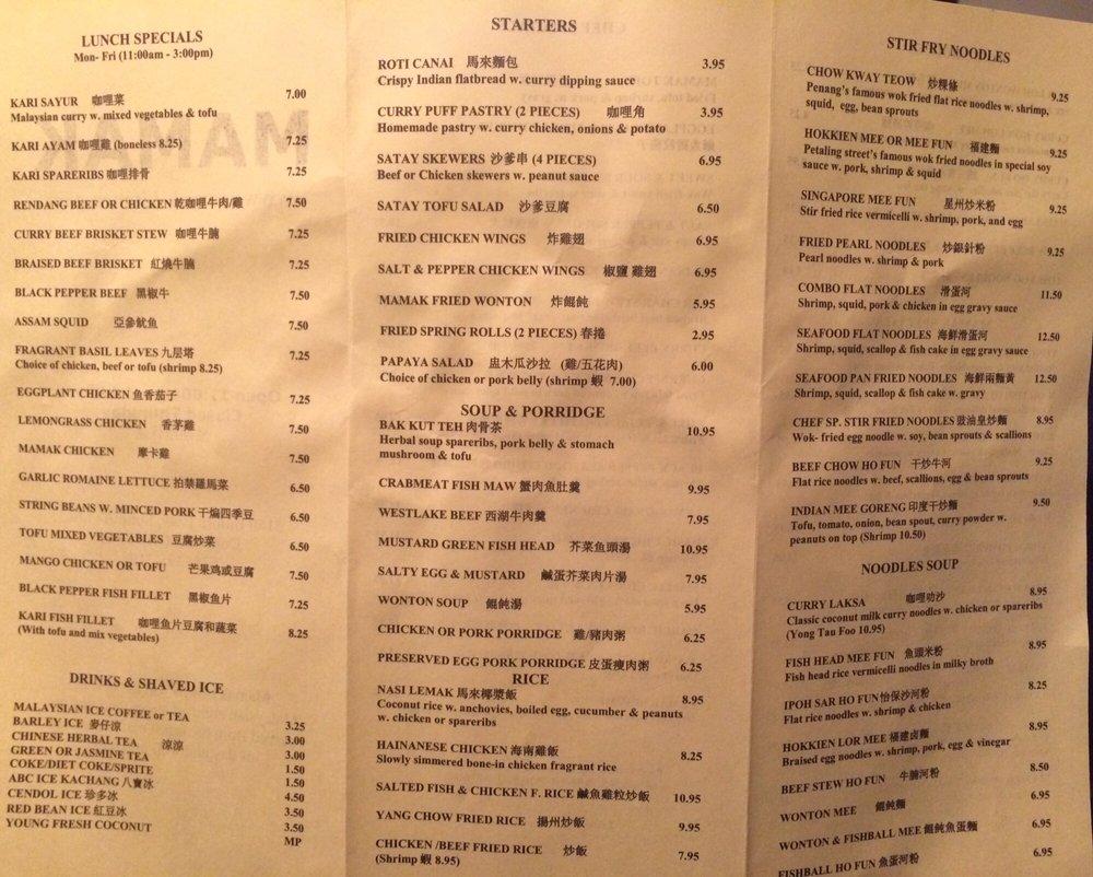 Menu at Mamak restaurant, Doraville